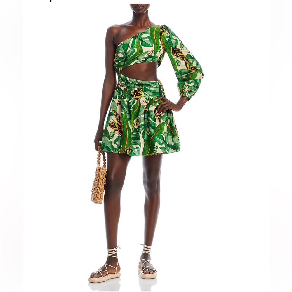 Farm Rio Tropical Leaves One Shoulder Dress - Gem